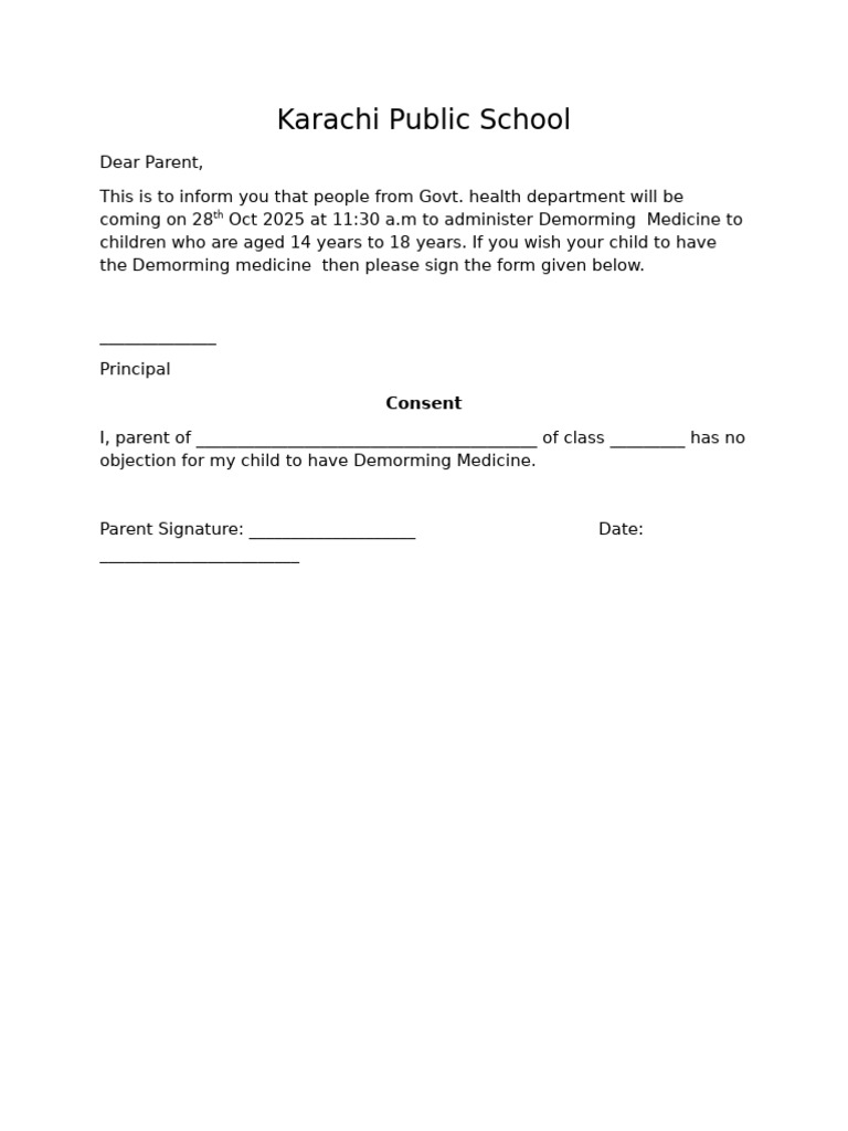 Deworming Consent Form for Parents | PDF