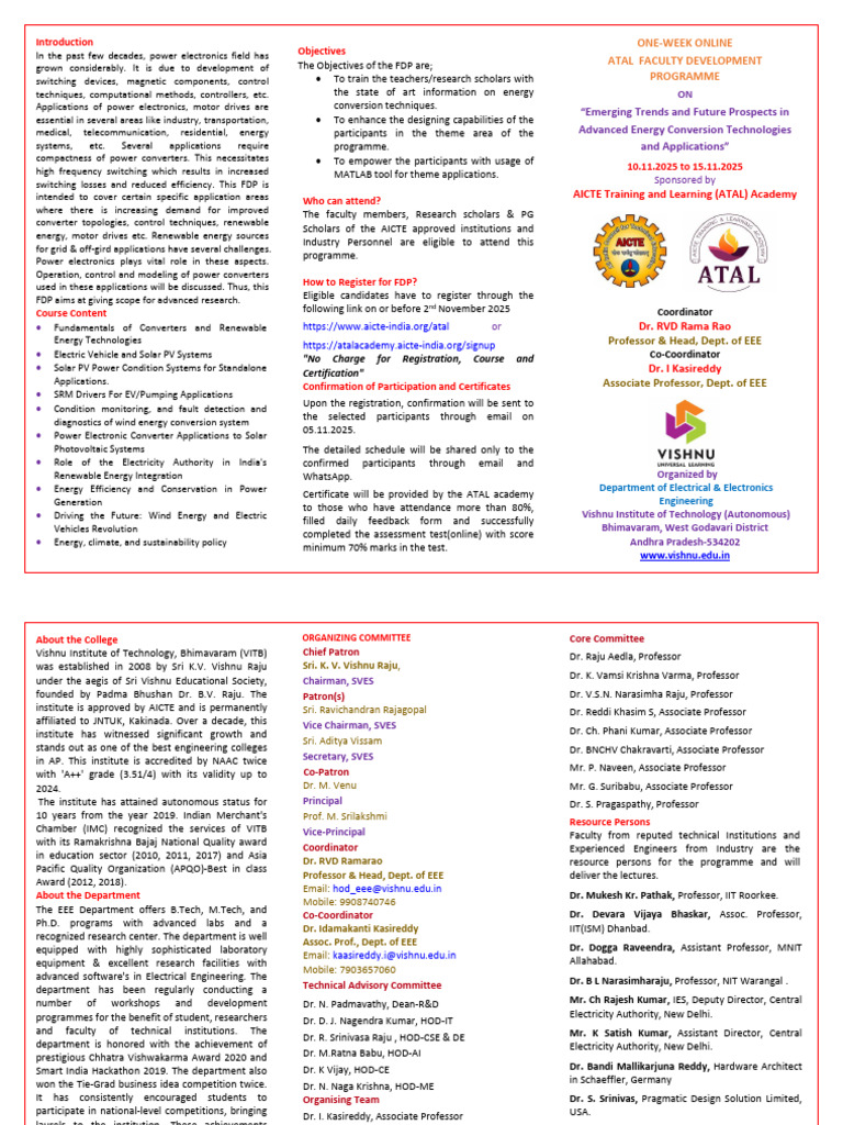 ATAL FDP With Brochure and Schedule EEE VITB November 2025 | PDF | Power Electronics | Photovoltaics