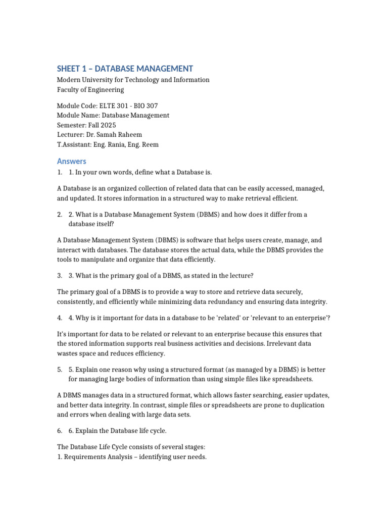 Sheet 1 Answers | PDF | Databases | Computing