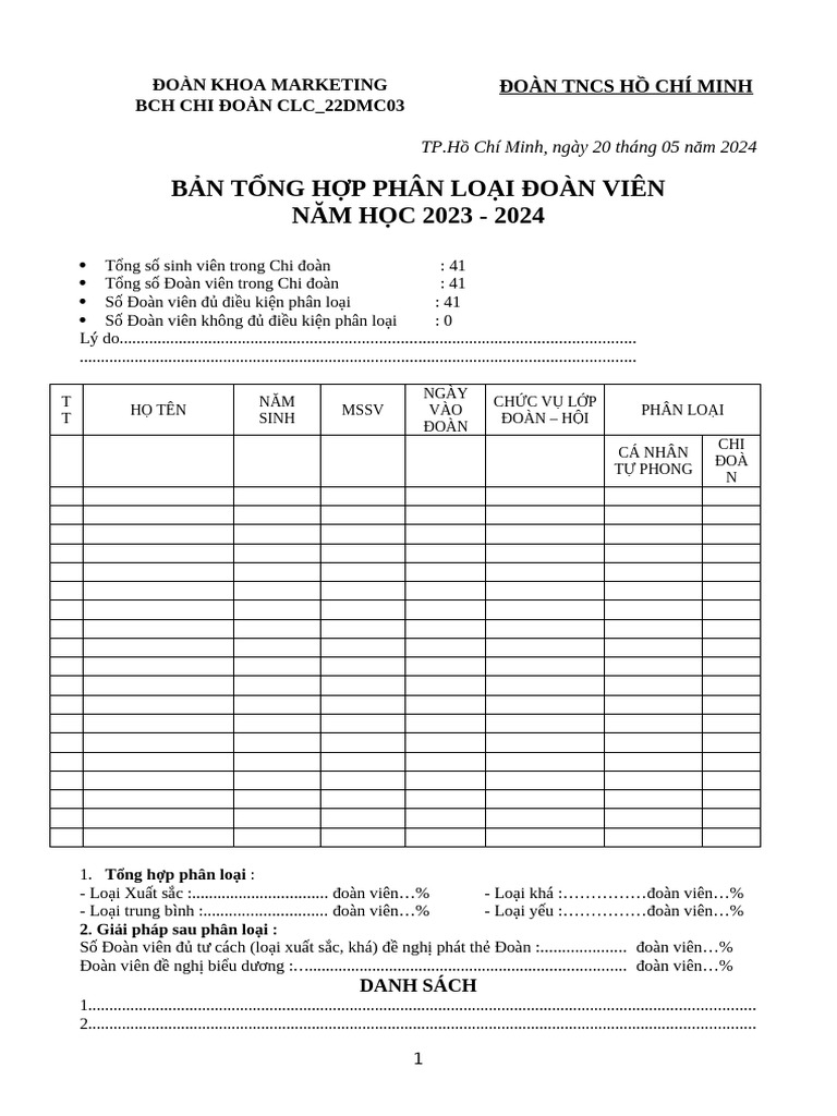 50fe8 03 Ban Tong Hop Phan Loai Doan Vien Danh Cho Chi Doan | PDF