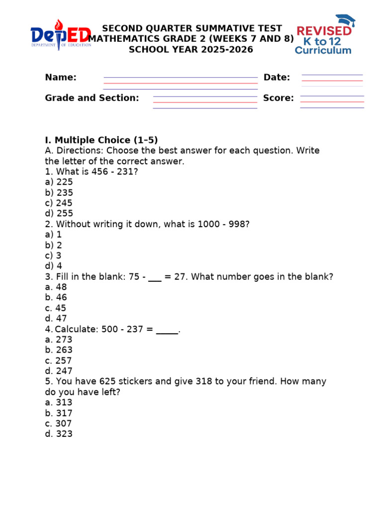 Math 2 q2 Summative Week 7 8 | PDF