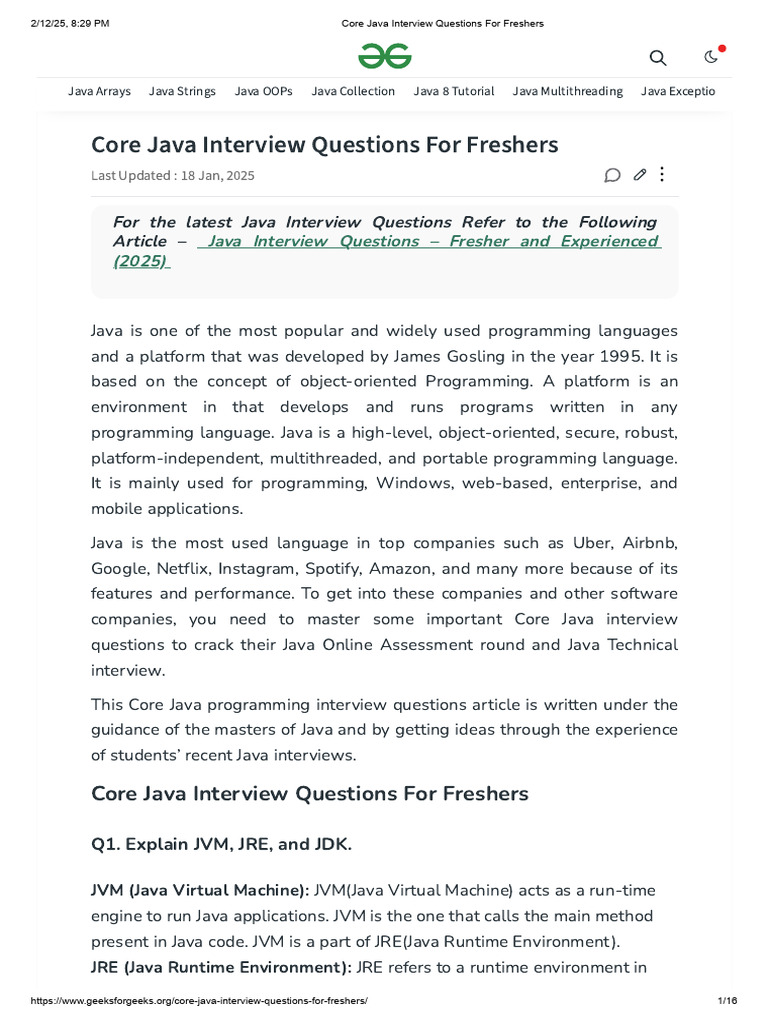 Core Java Interview Questions For Freshersgeeksforgeeks Pdf Class Computer Programming 9732