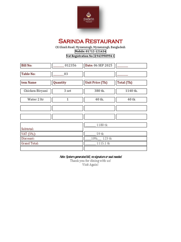 Sarinda Restaurant Bill Format | PDF