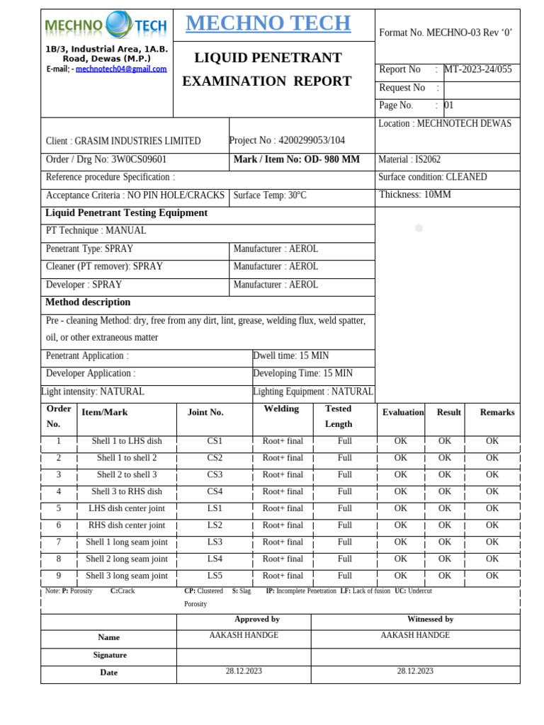 Liquid Penetrant Examination Report | PDF | Welding | Construction
