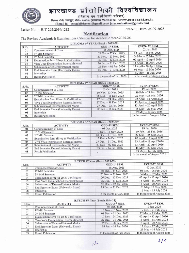 JUT Revised Academic & Examination Calendar 2025-26 | PDF