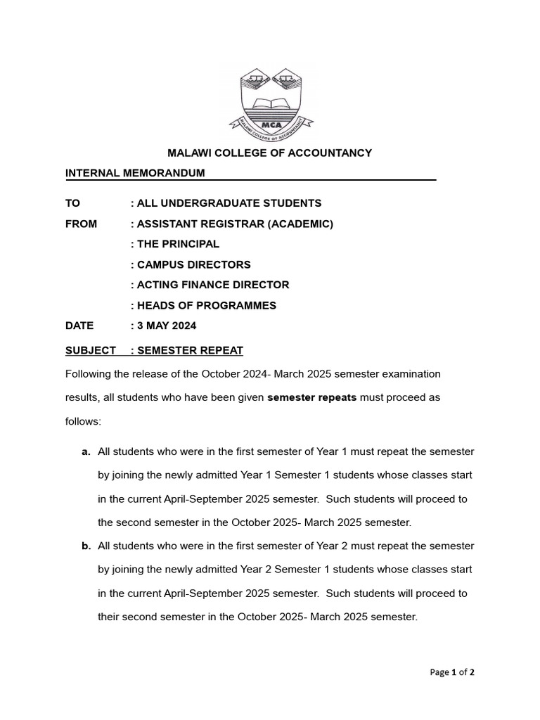 Malawi College Semester Repeat Guidelines | PDF