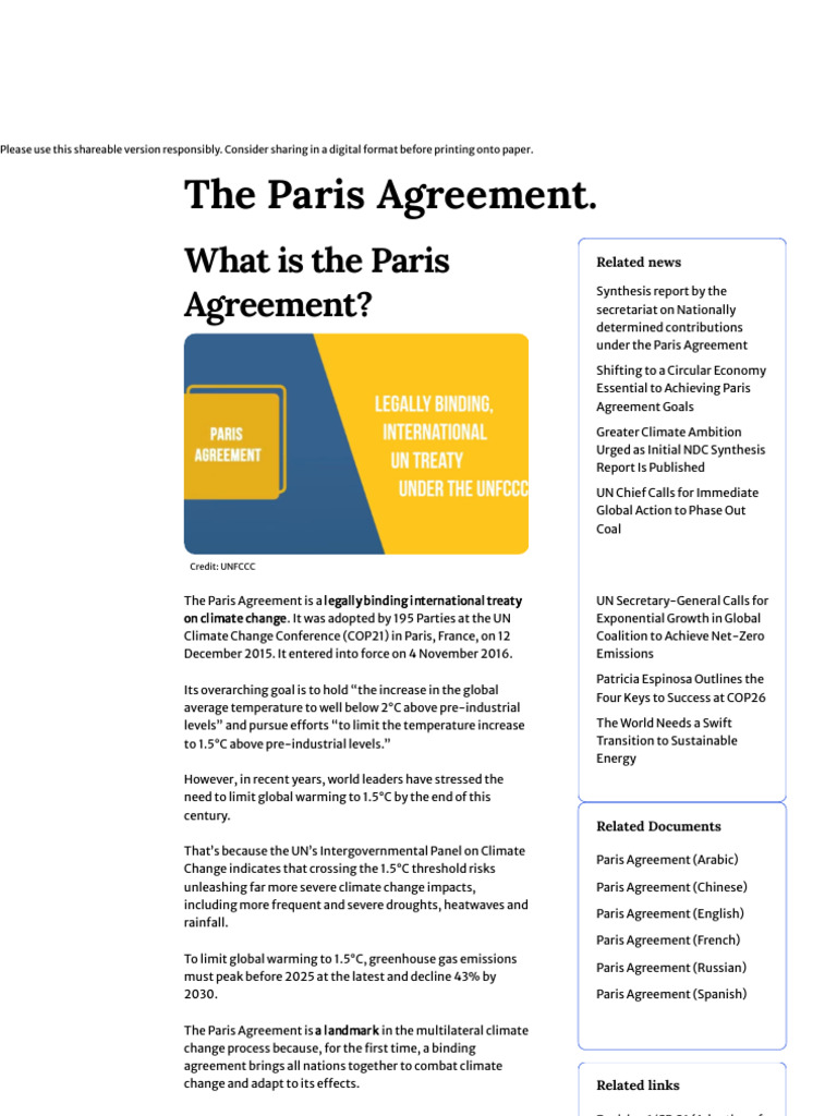 The Paris Agreement - UNFCCC | PDF | United Nations Framework ...