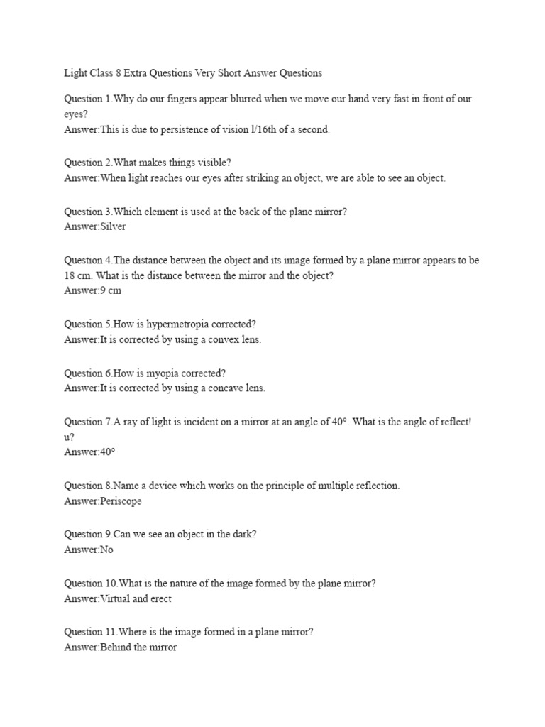 Class 8 Light Extra Questions Guide | PDF | Eye | Mirror