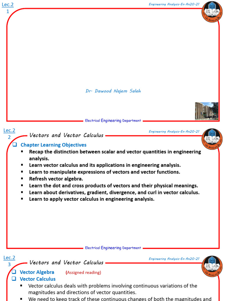 Lec-2 - Vectors and Vector Calculus | PDF | Euclidean Vector | Vector Calculus