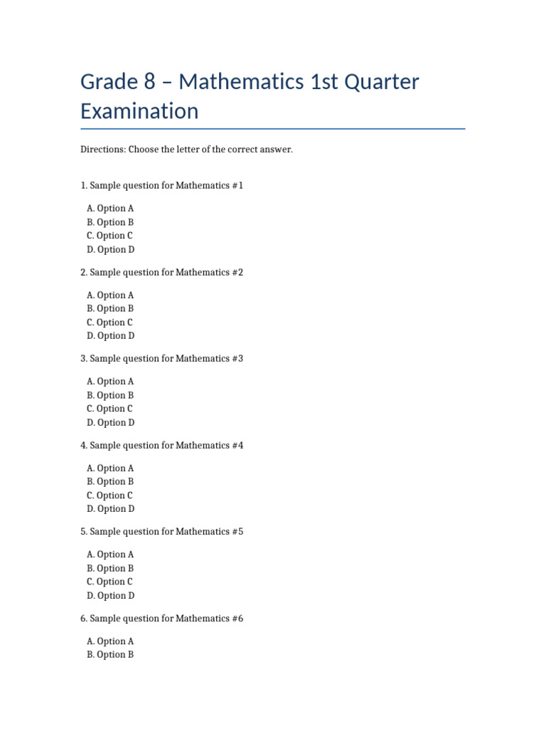 Grade8 Mathematics 1stquarter Exam | PDF