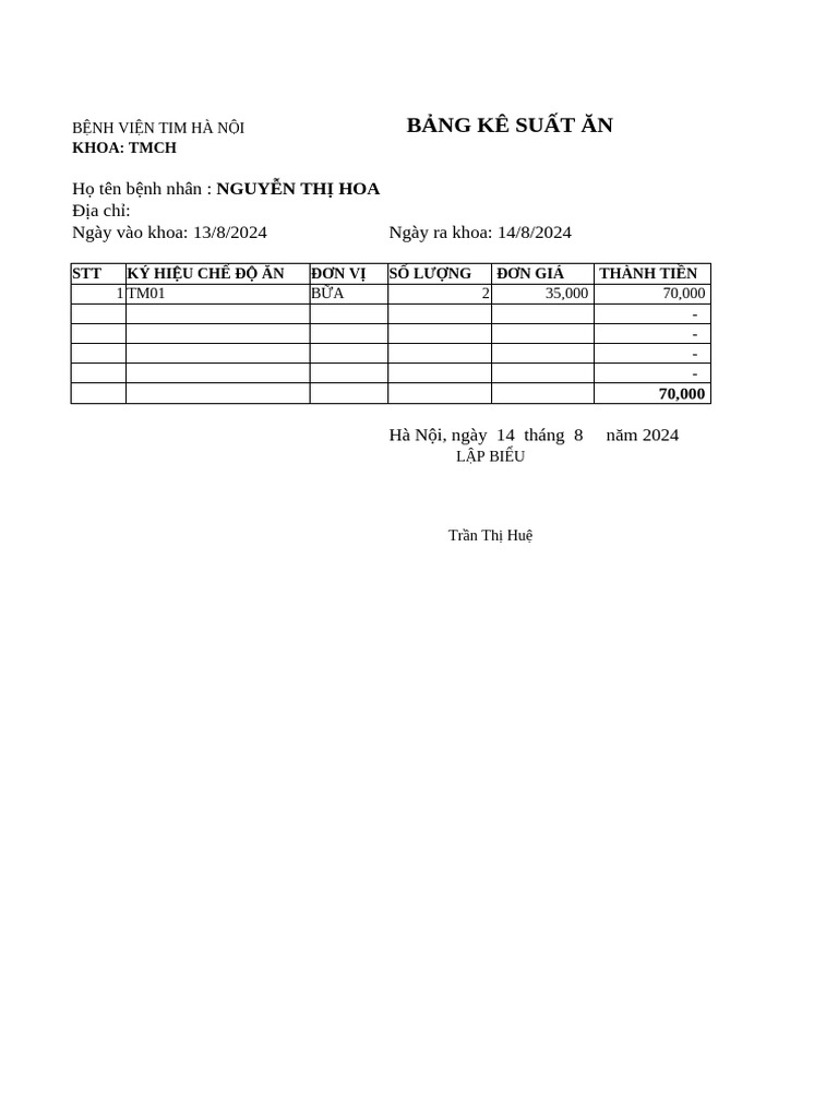 Bảng Kê Suất Ăn Cơ Sở 2 TMCH Mail k.tmch@Timhanoi | PDF