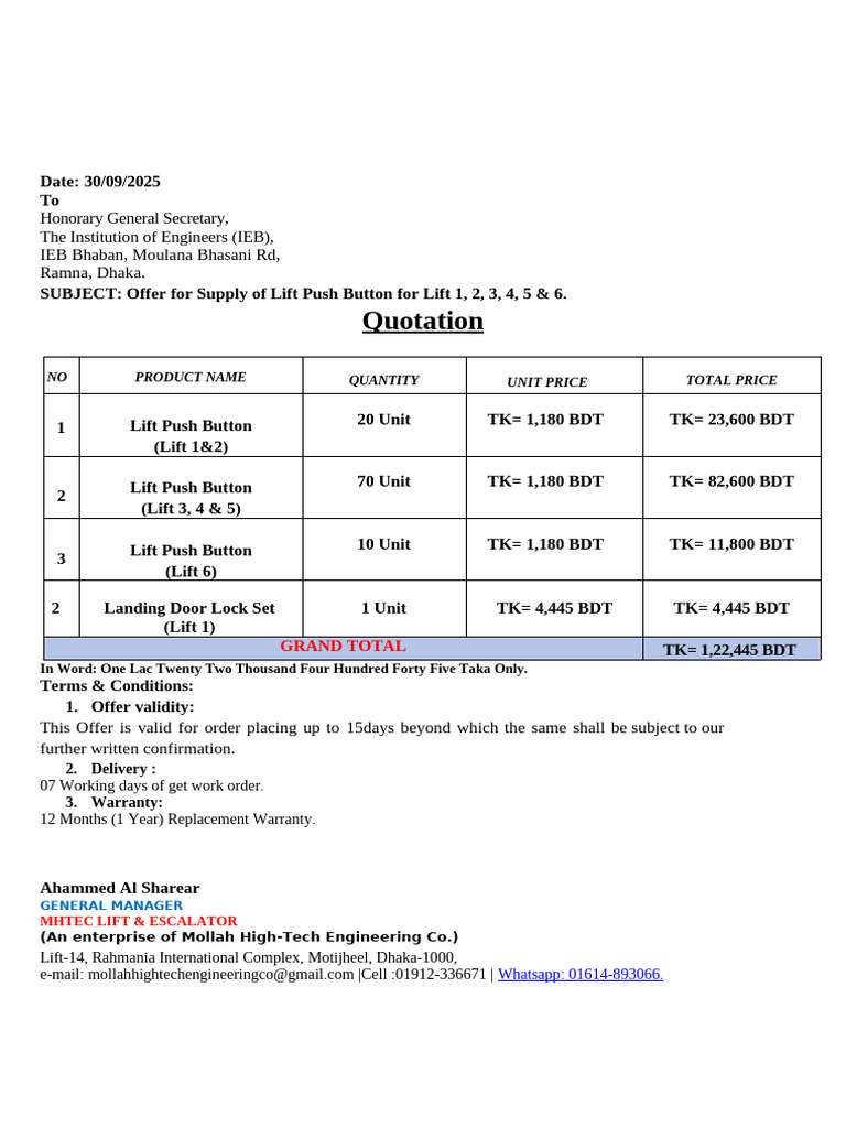 The Institution of Engineers (IEB), Lift Spare Parts Quotation | PDF