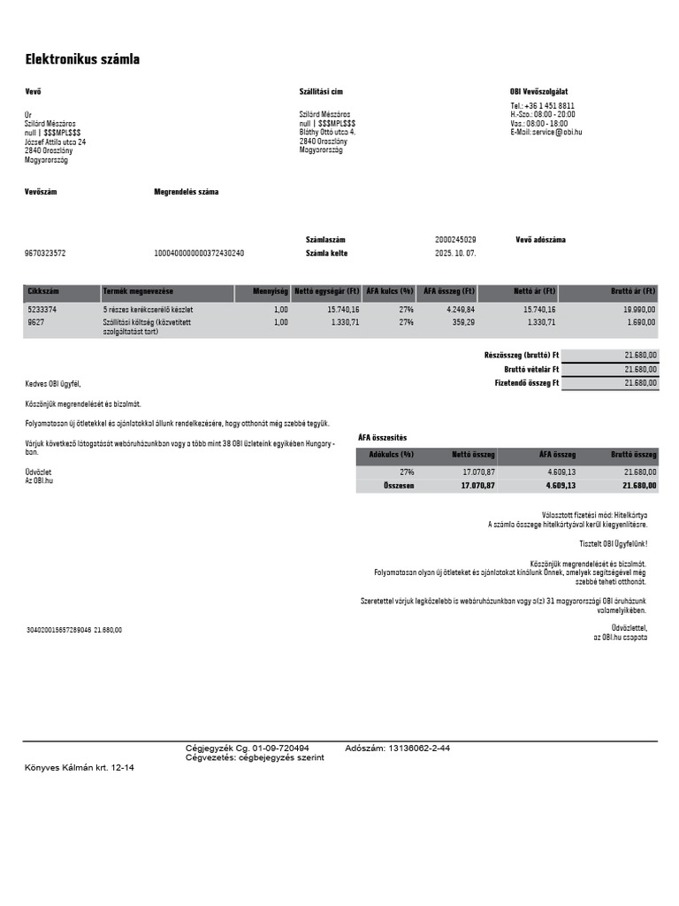 Elektronikus Számla: OBI Hungary Retail Kft. 1097 Budapest | PDF