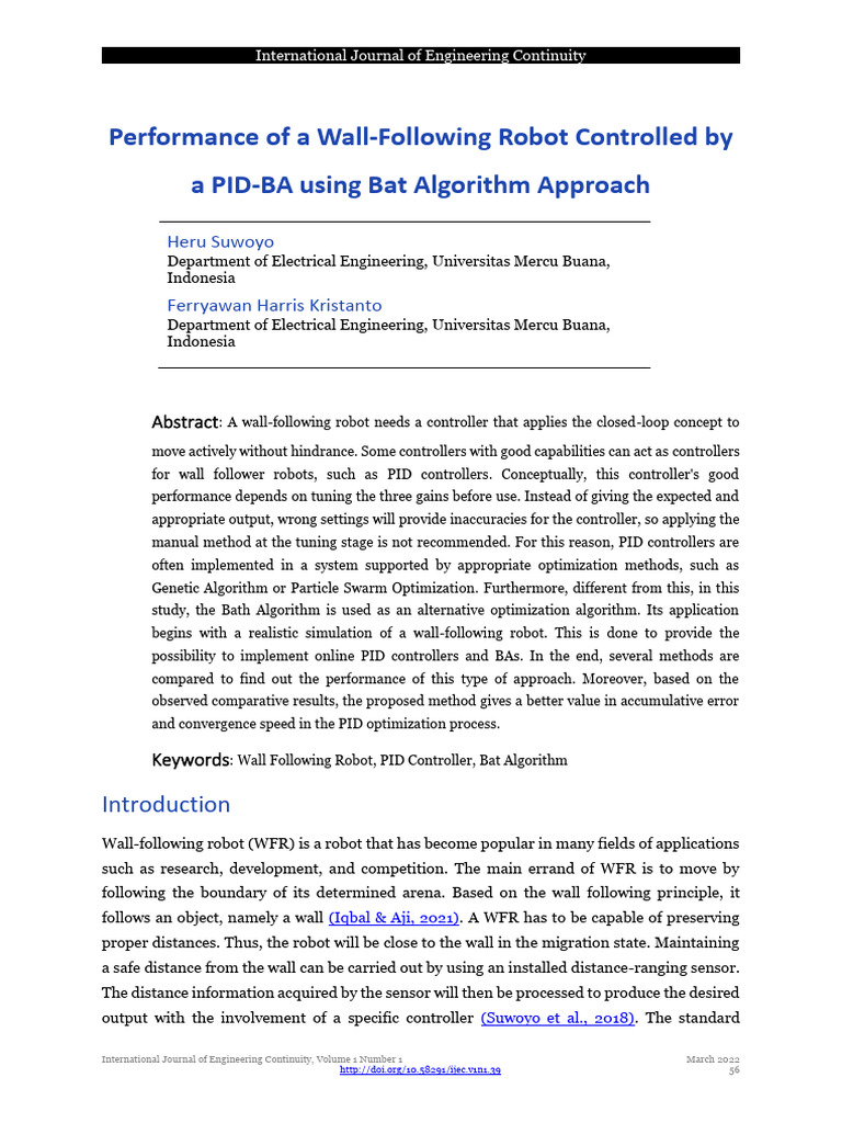 Performance of A Wall-Following Robot Controlled by A PID-BA Using Bat Algorithm Approach | PDF ...