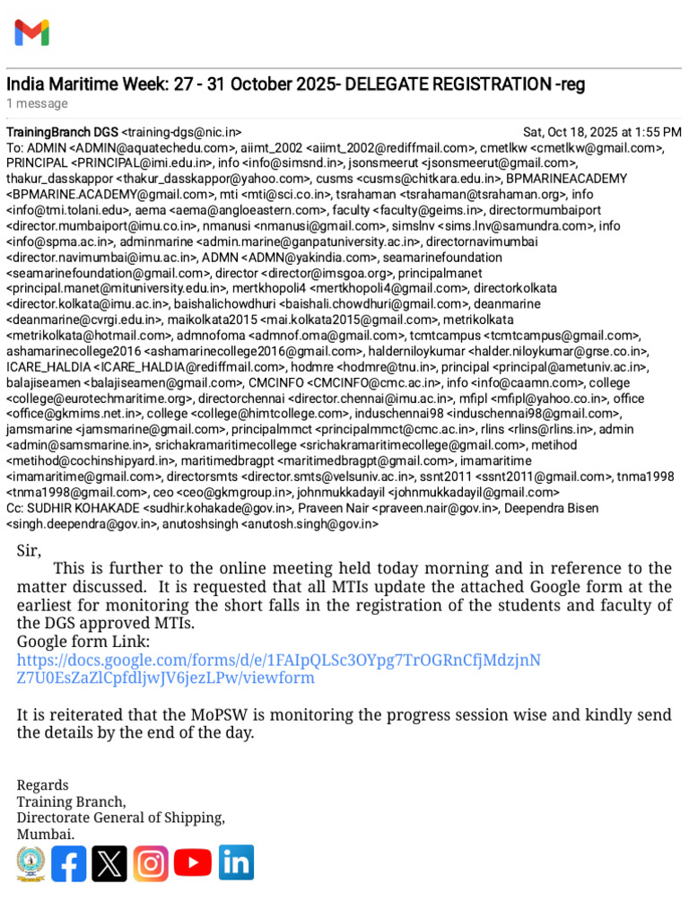 Gmail - India Maritime Week - 27 - 31 October 2025 - DeLEGATE REGISTRATION - Reg | PDF