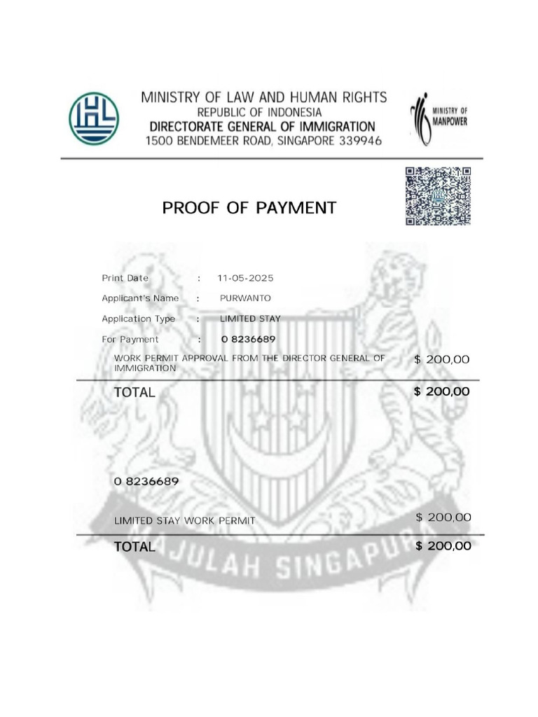 Proof of Payment Work Permit Purwanto | PDF