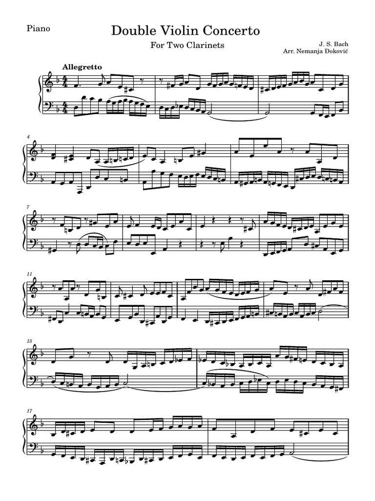 Double Violin Concerto in D Minor - Bach For Two Clarinets-Piano | PDF ...