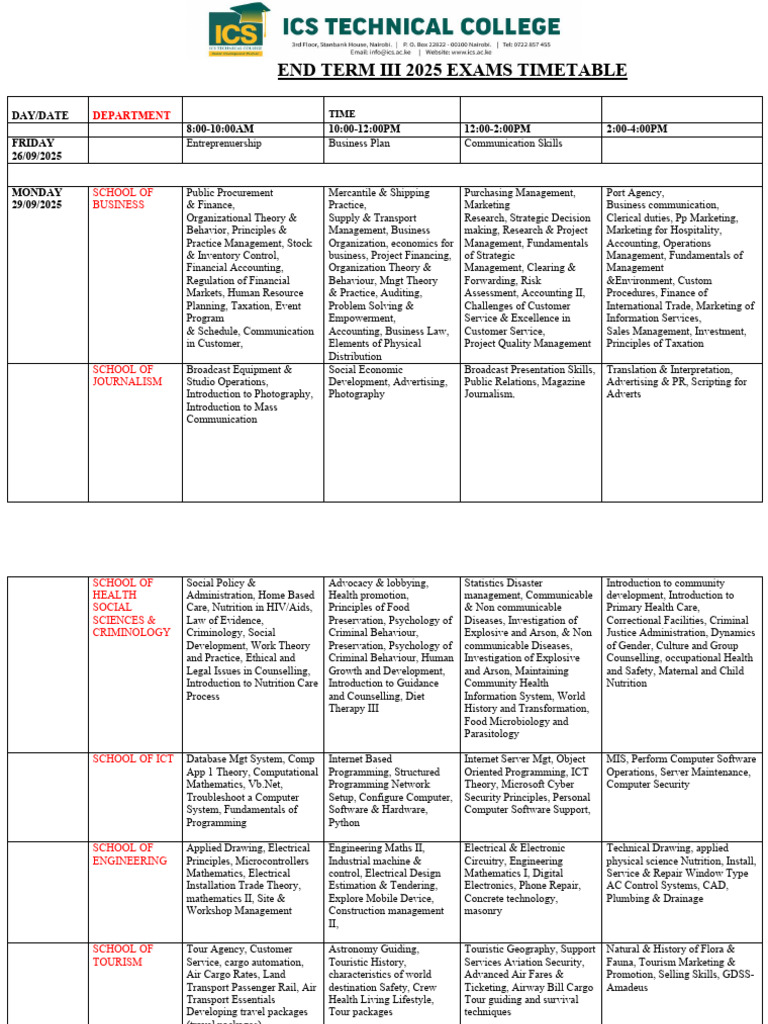 End Term Iii 2025 Exams Timetable | PDF | Business | Marketing