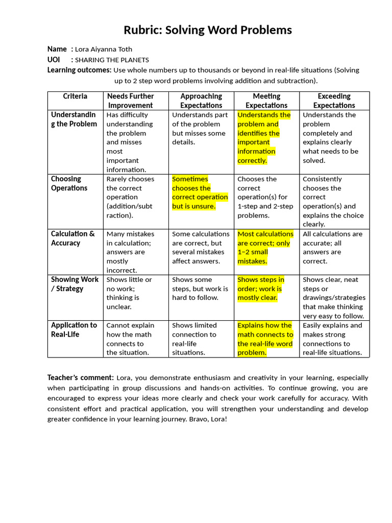 Rubrics Solving Word Problems Print | PDF | Thought | Teaching Mathematics