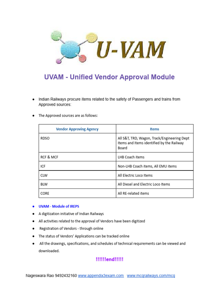 UVAM: Indian Railways Vendor Approval | PDF