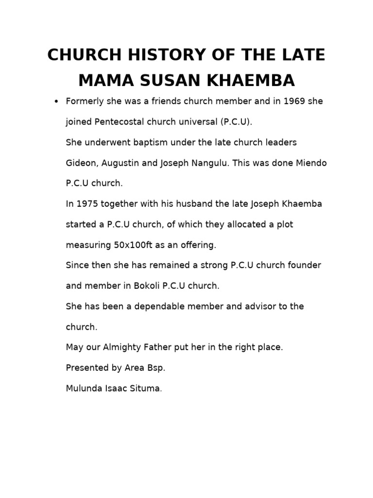 Church History of The Late Mama Susan Khaemba | PDF