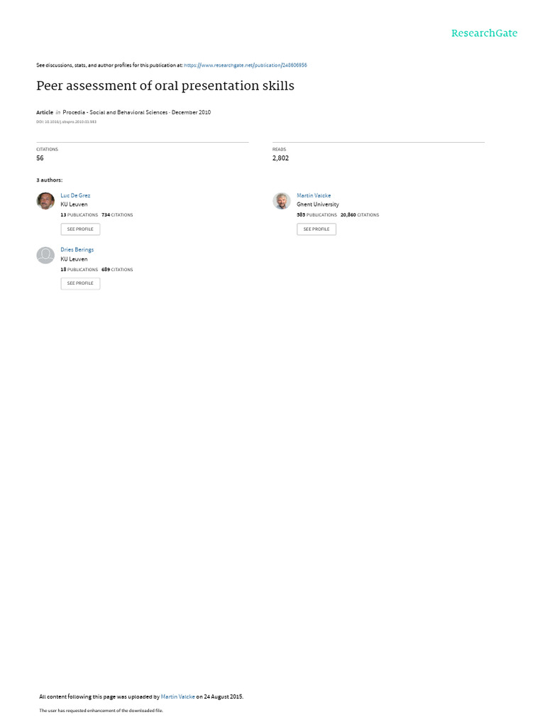 Peer Assessment of Oral Presentation Skills | PDF | Self Efficacy ...