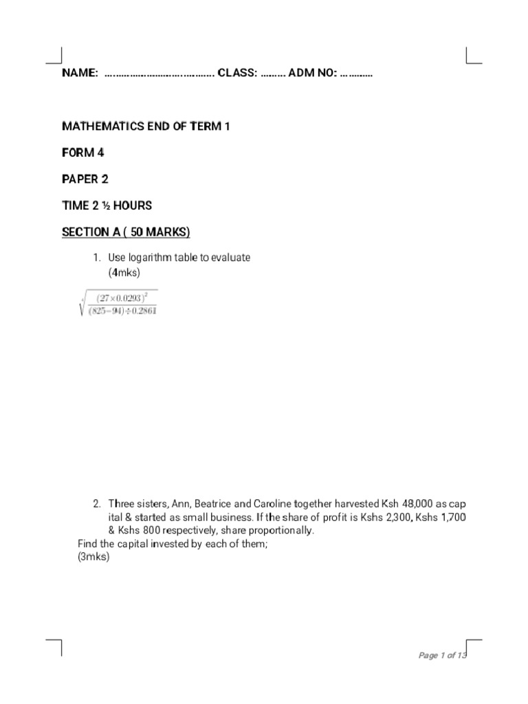 MATHS-PP2-Form-4-End-Term-1-Exam-2021 - .Ke - (1) - Phoenix | PDF