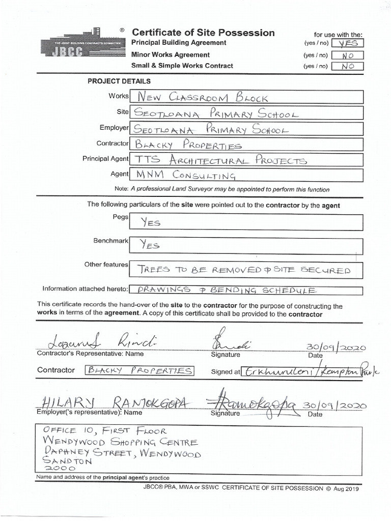 Certificate of Site Possession | PDF