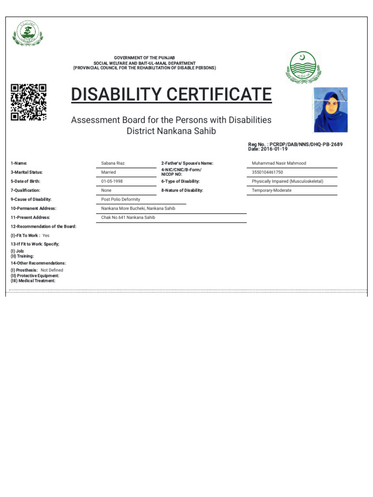 Disability Certificate for Sabana Riaz | PDF | Disability | Social Policy