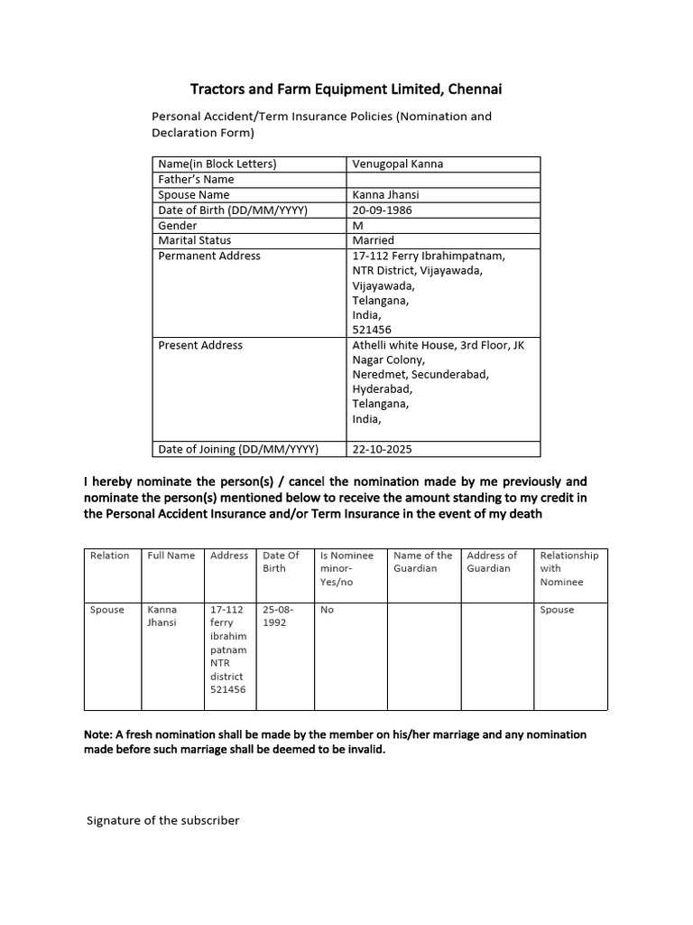 Personal Accident Insurance Nomination Form | PDF