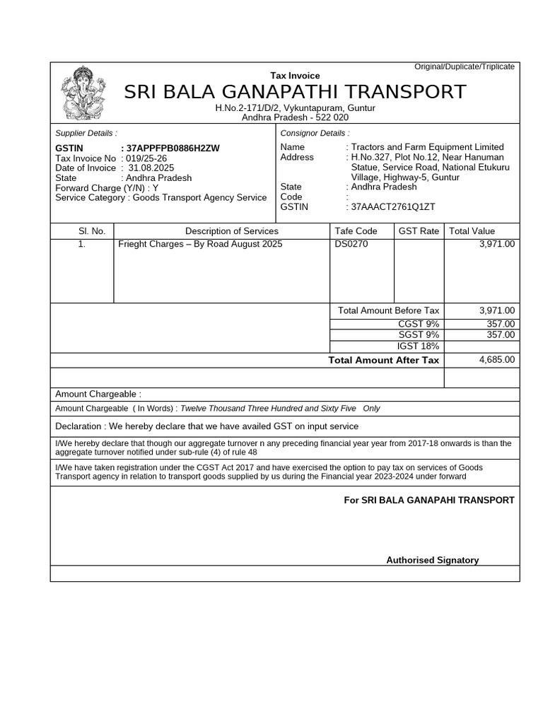 Guntur August25 Plant Trs Inv INVOICE 019-25-26 | PDF | Government ...