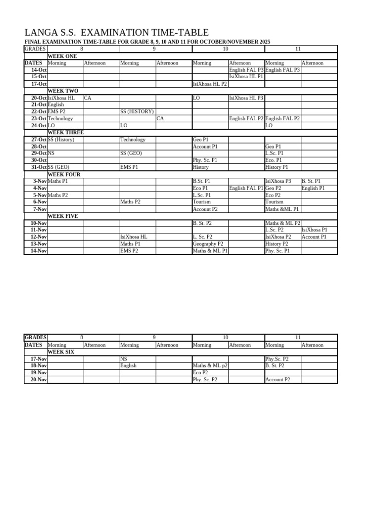 Final Exam Time-Table For Grade 8, 9, 10 & 11 For 2025-1 | PDF