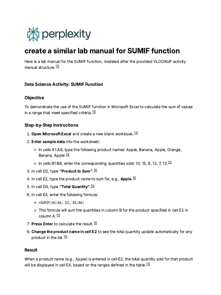 Create a Similar Lab Manual for SUMIF Function | PDF
