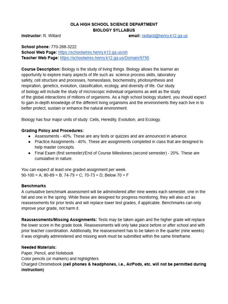 Biology Syllabus - 2024-25 - Google Docs | PDF | Biology | Learning