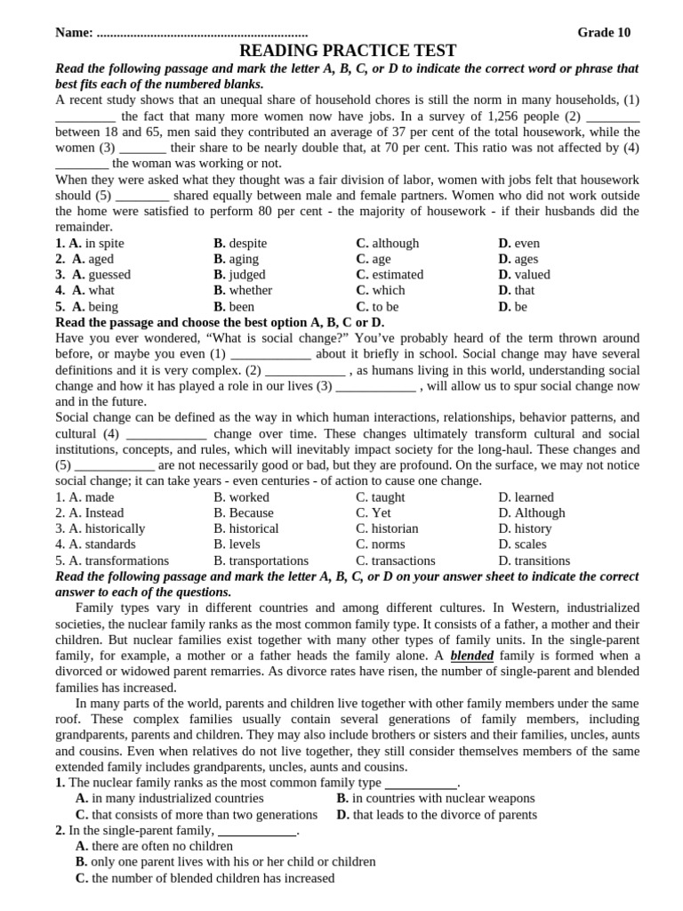 Grade 10 Reading Practice Test | PDF | Family | Chef
