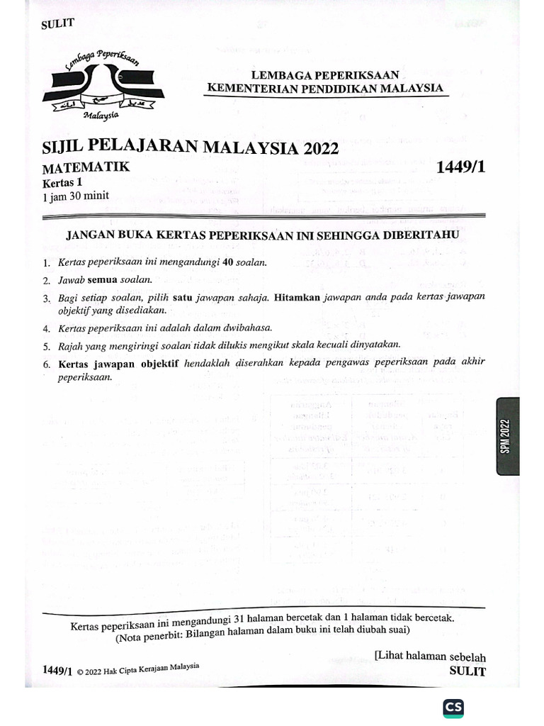 SPM Sebenar 2022 (Matematik Kertas 1) PDF | PDF
