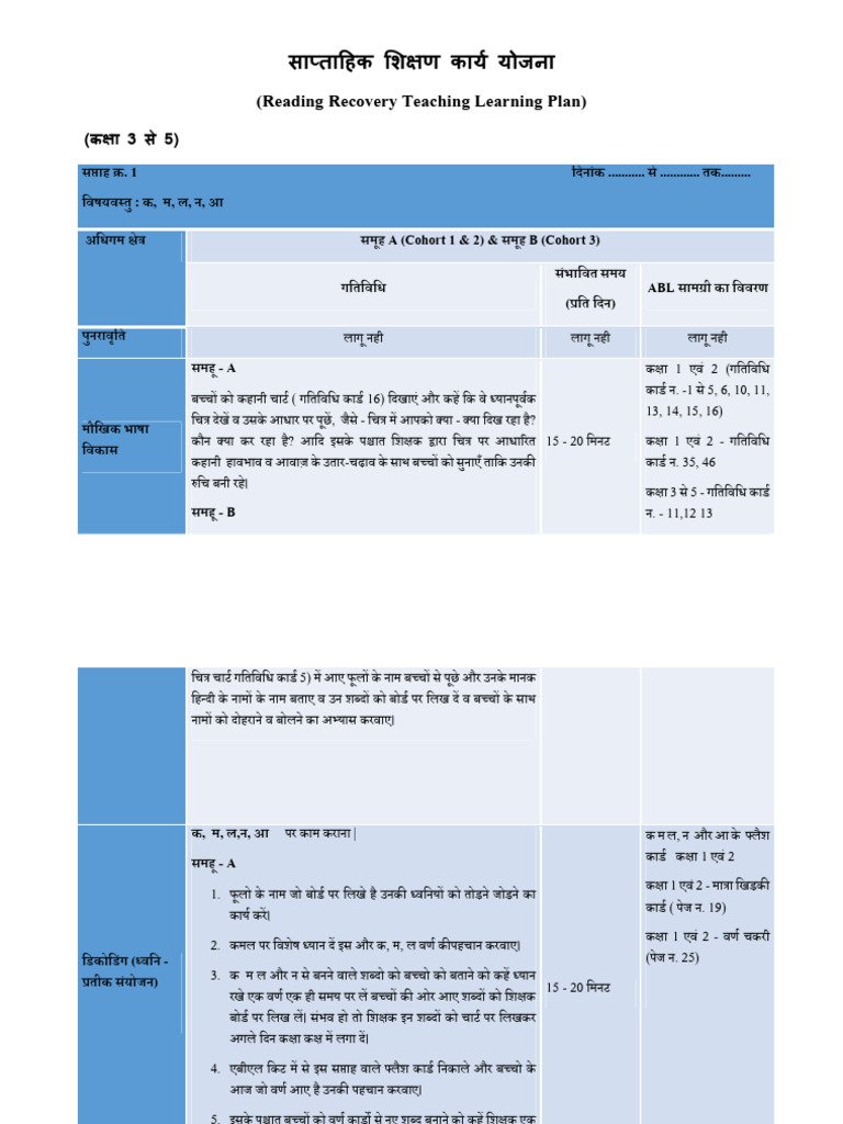Weekly Plan 1 - 12 (Class 3 To 5) | PDF