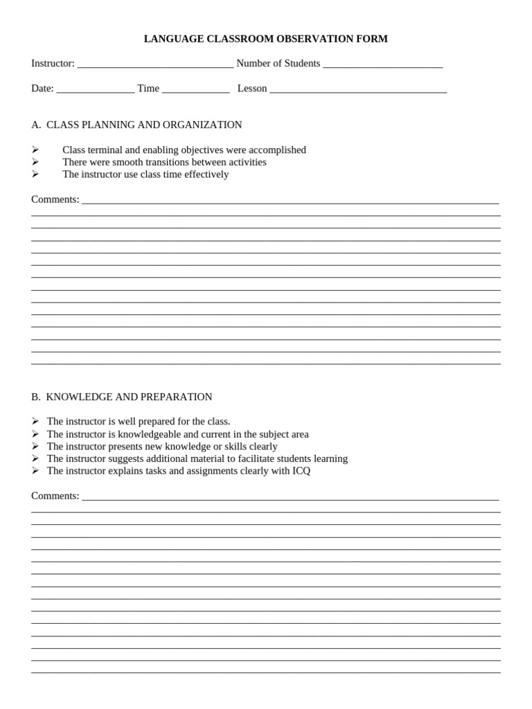 Language Classroom Observation Form | PDF | Teachers | Teaching Method