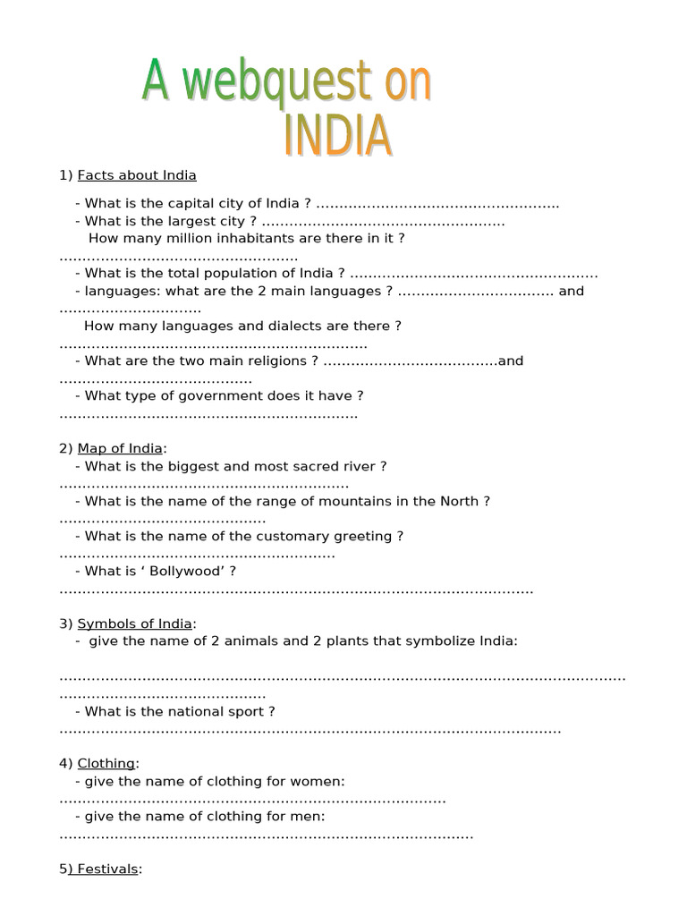 A Webquest On India Fun Activities Games Reading Comprehension Exercis ...