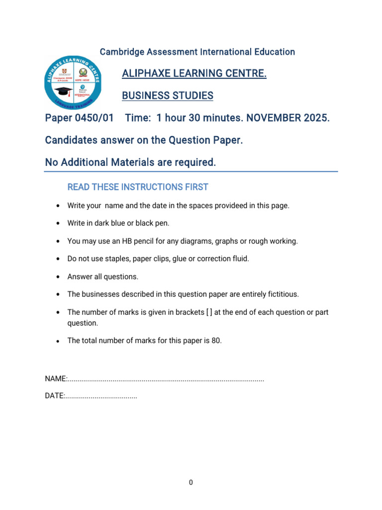 Business Studies Exam Paper 0450/01 | PDF | Organizational Structure ...