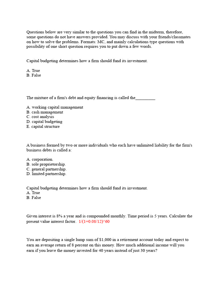 Sample Midterm Questions With Some Answers V2 - Tagged | PDF | Interest ...