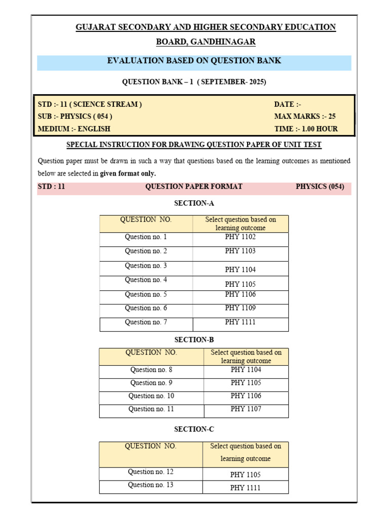 STD 11 Physics Unit Test Sep 25 QuestionBank | PDF | Force | Acceleration