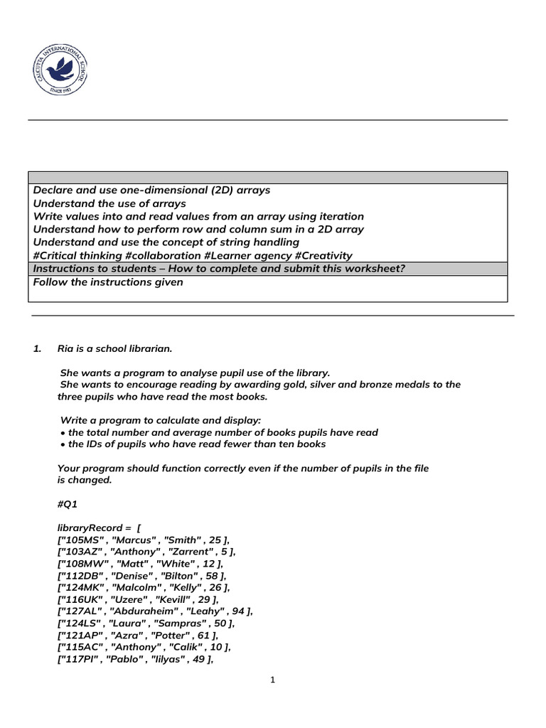 Array and Strings - Worksheet 1 | PDF | Computer Programming