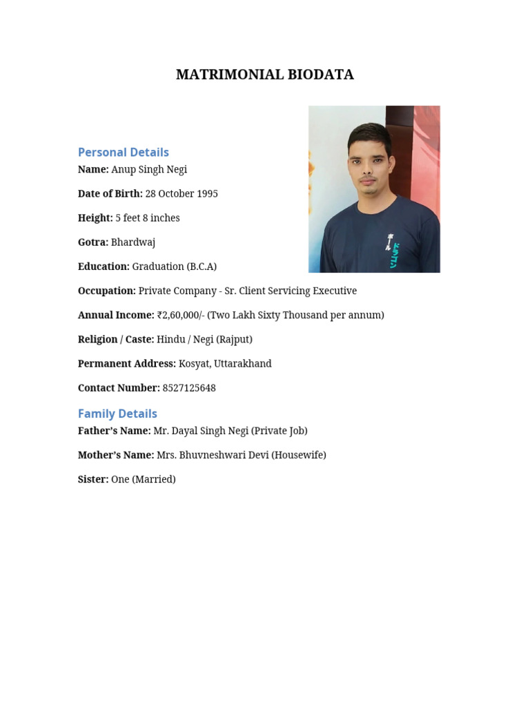 Anup Singh Negi Matrimonial Biodata | PDF