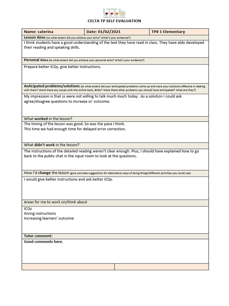 Self Evaluation Sheet TP 3 Elementary | PDF
