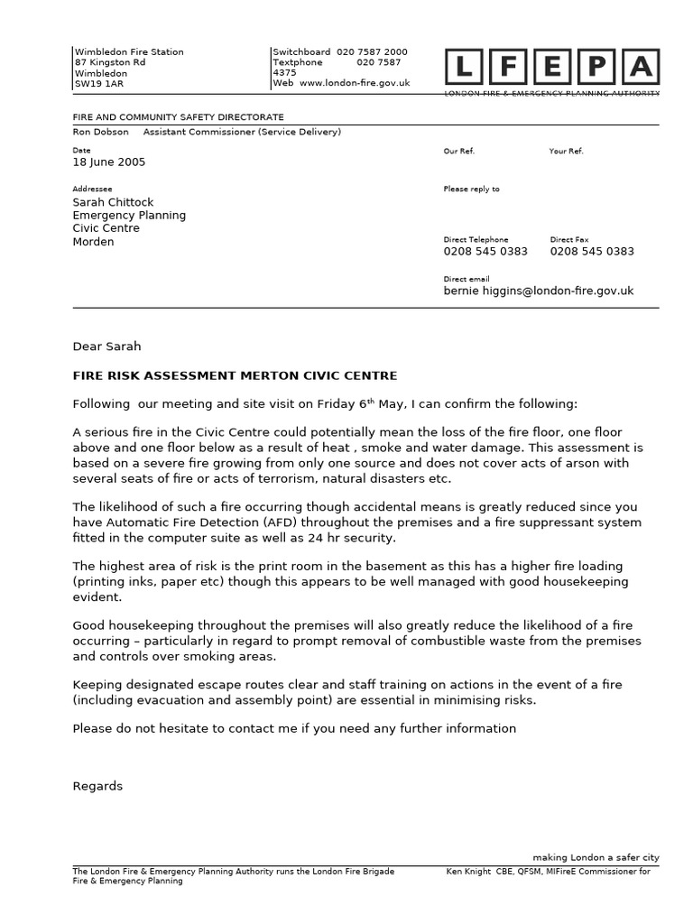 Wimbledon Fire Risk Assessment Report | PDF | Safety