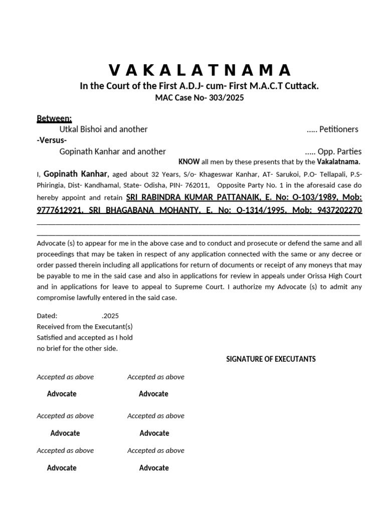 MACT Vakalatnama and WS | PDF | Insurance | Affidavit