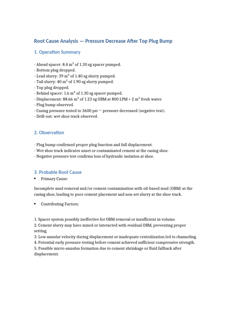 RCA Pressure Decrease Top Plug Bump | PDF | Casing (Borehole)