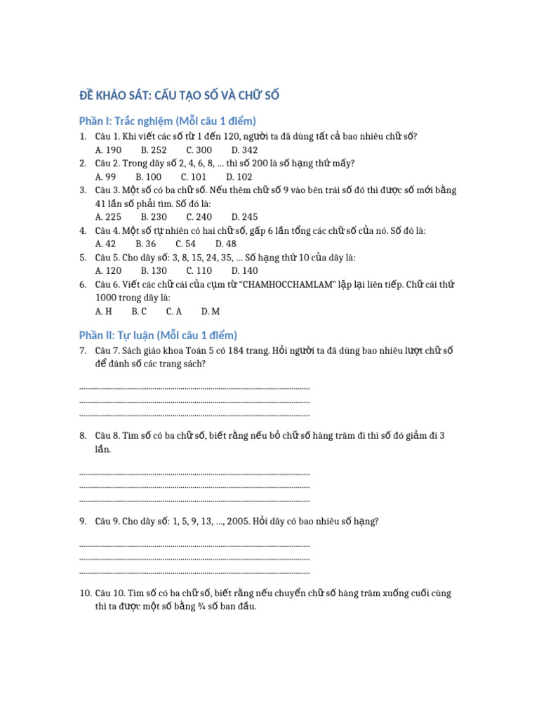 De Khao Sat Cau Tao So Va Chu So | PDF