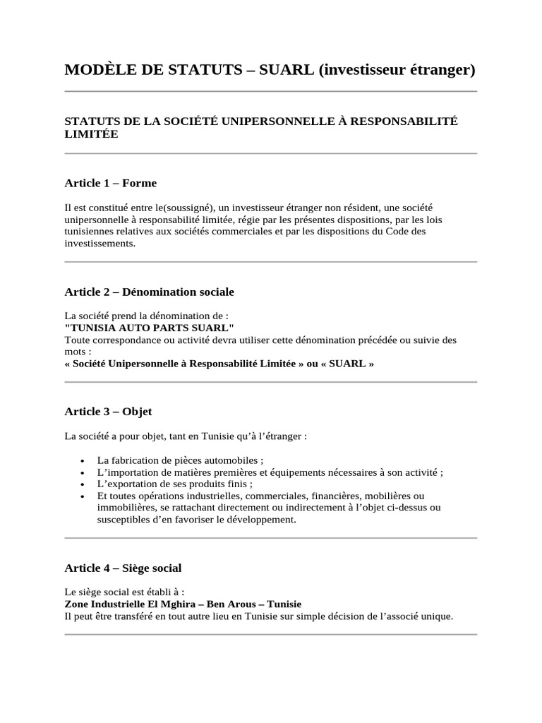 Statuts SUARL pour Investisseur Étranger | PDF | Banques | Tunisie